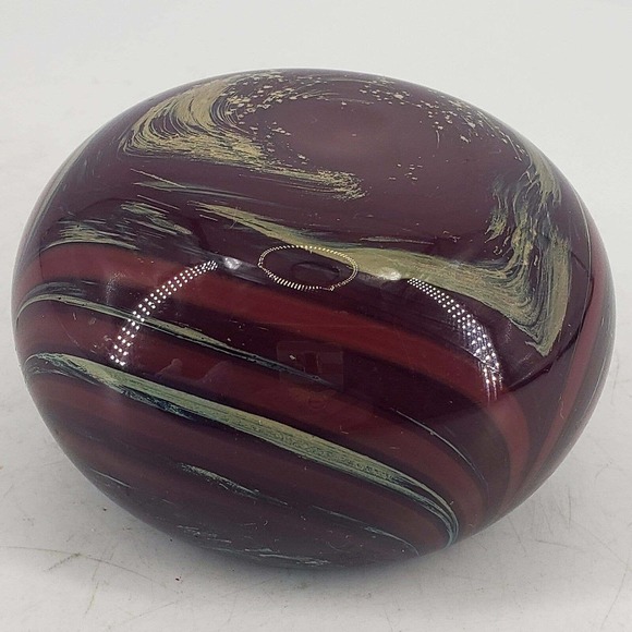Accents | Hand Blown Art Glass Paperweight Burgundy Red Gold Swirled ...